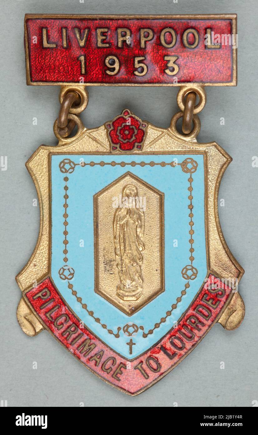 Pilgrim badge: Liverpool 1953, Pilgrimage to Lourdes Stock Photo - Alamy