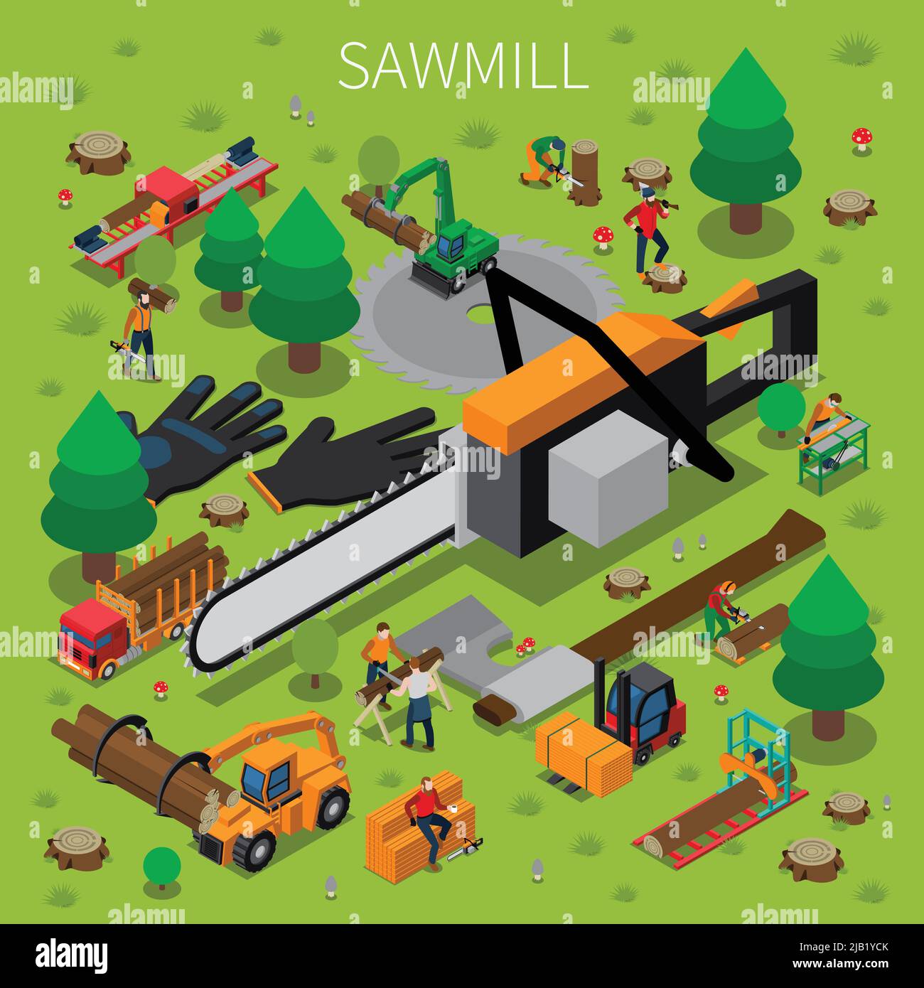 Sawmill timber mill lumberjack isometric composition with the abstract ...