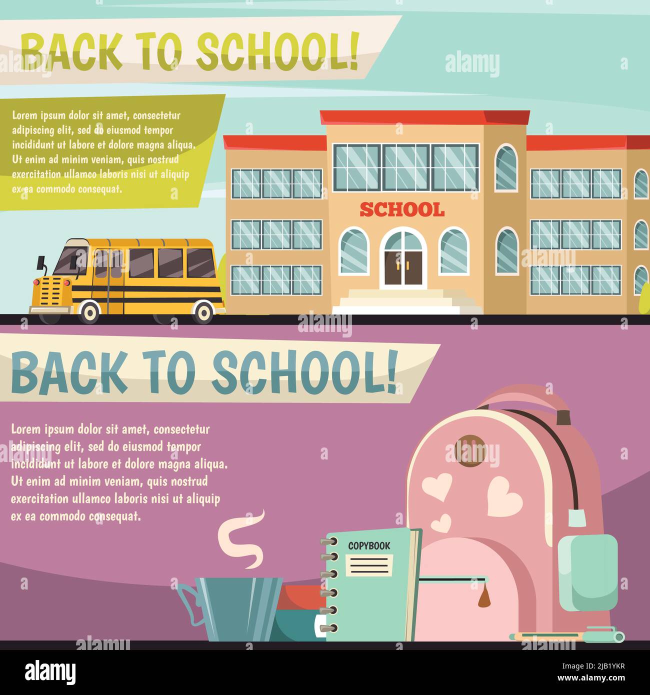 Two horizontal school orthogonal banner set with back to school ...