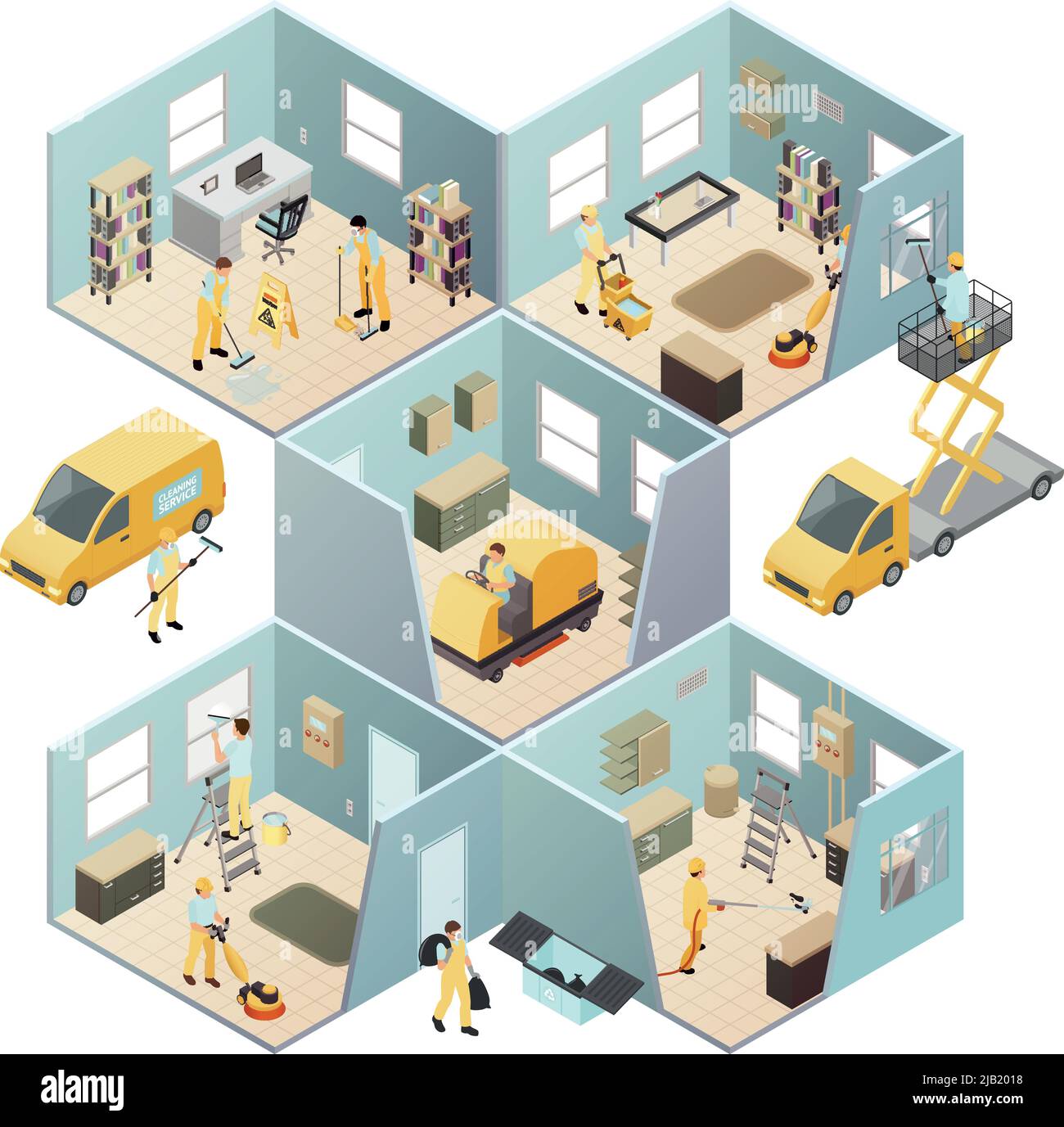 Isometric industrial cleaning colored composition with different rooms ...