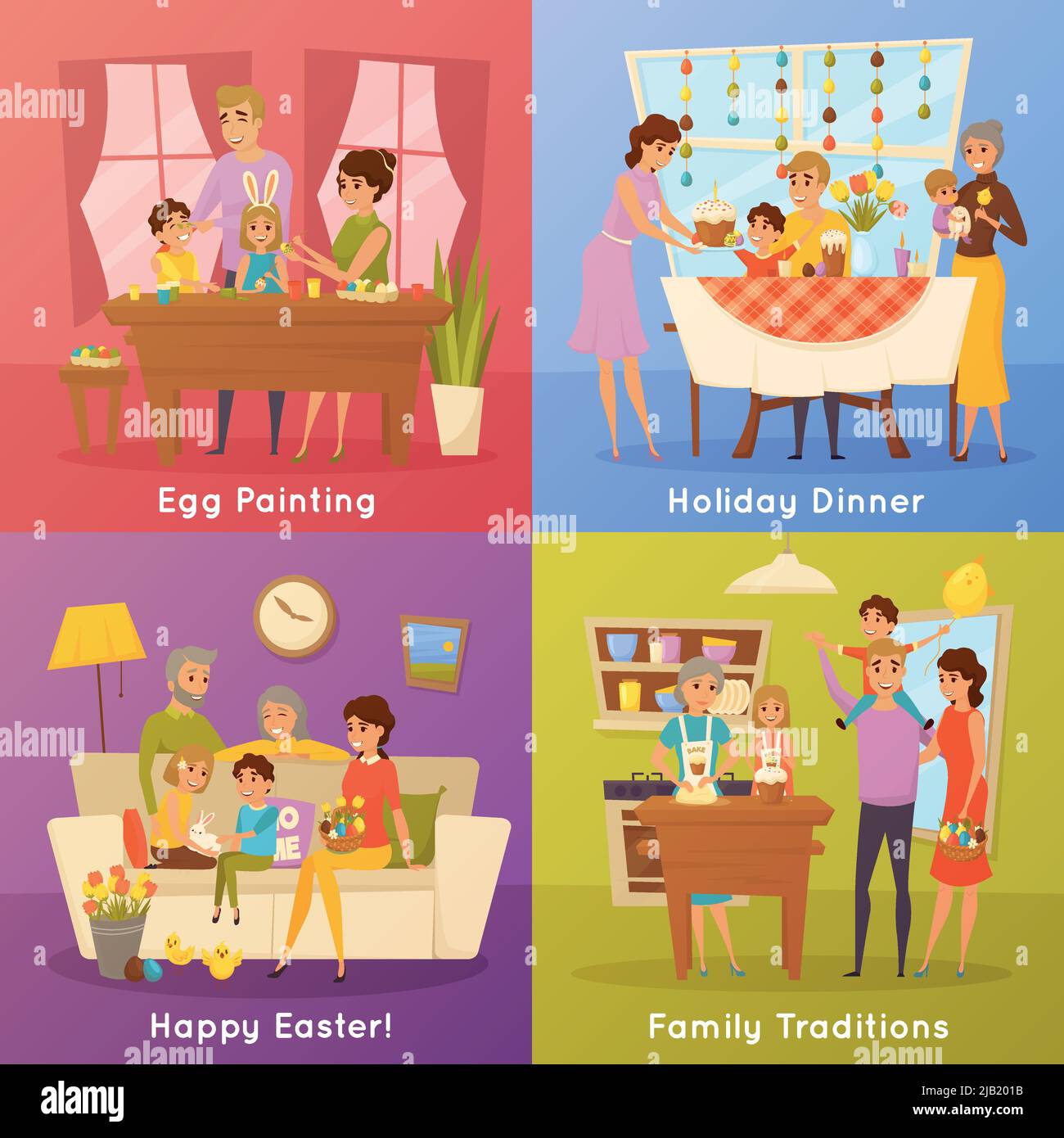 Family easter traditions 4 flat icons concept square composition with ...