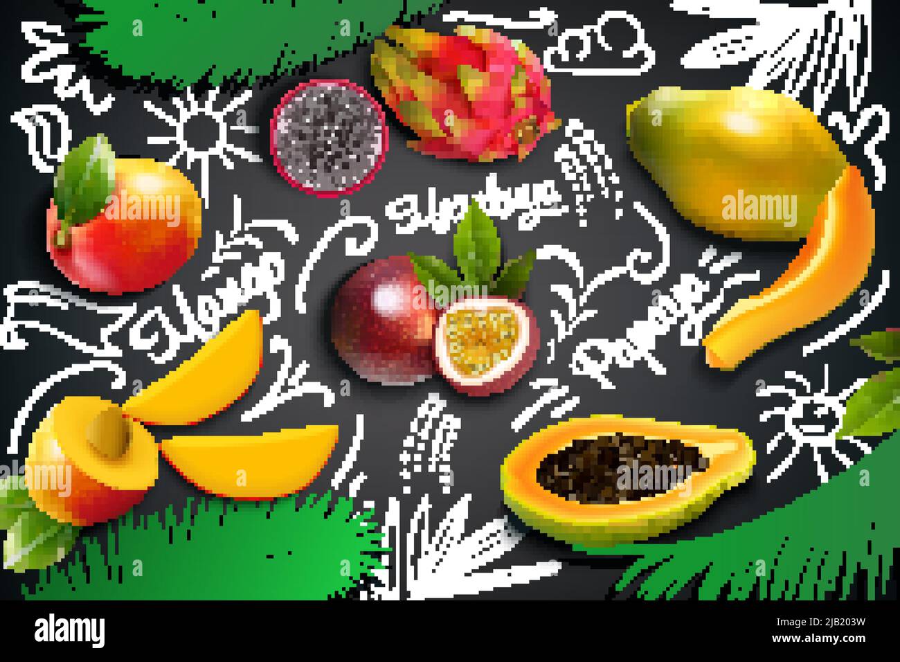 Colored tropical fruits chalkboard composition with mango marakuya ...