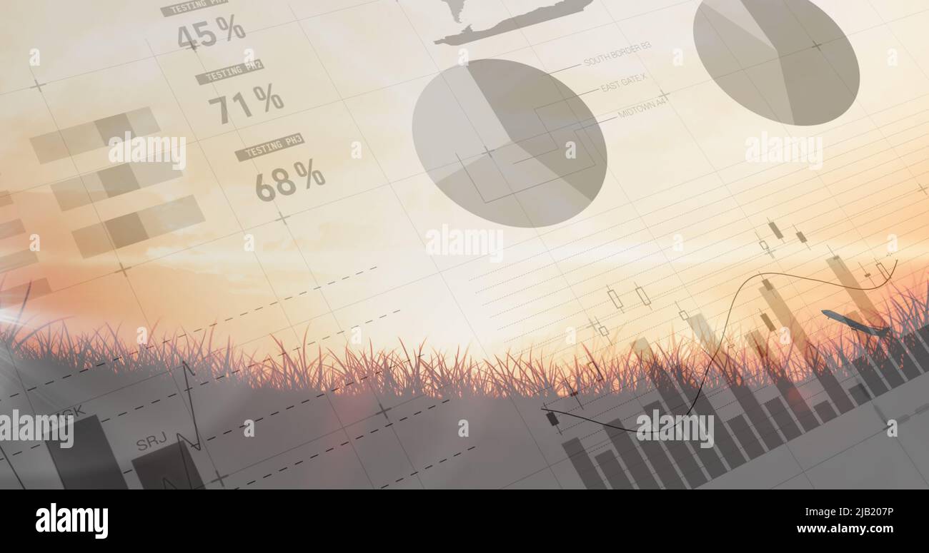 Image of statistics and data processing over airplane taking off and ...