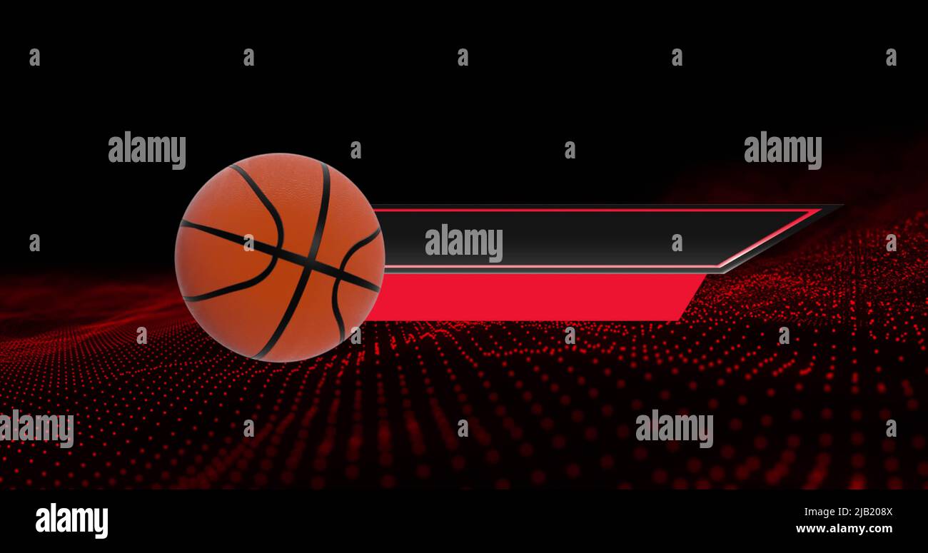 Image of basketball moving with black and red banners on undulating ...