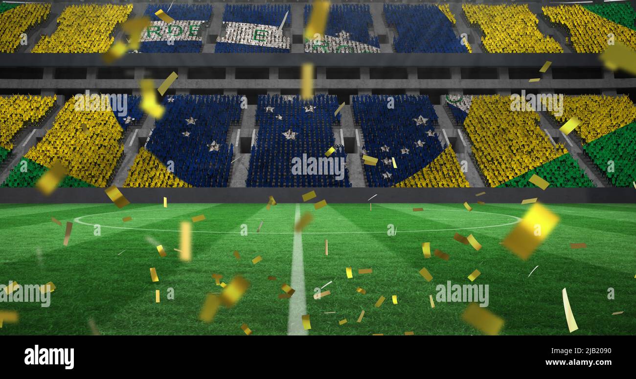 Image of confetti falling over brazilian flag in empty sports stadium ...