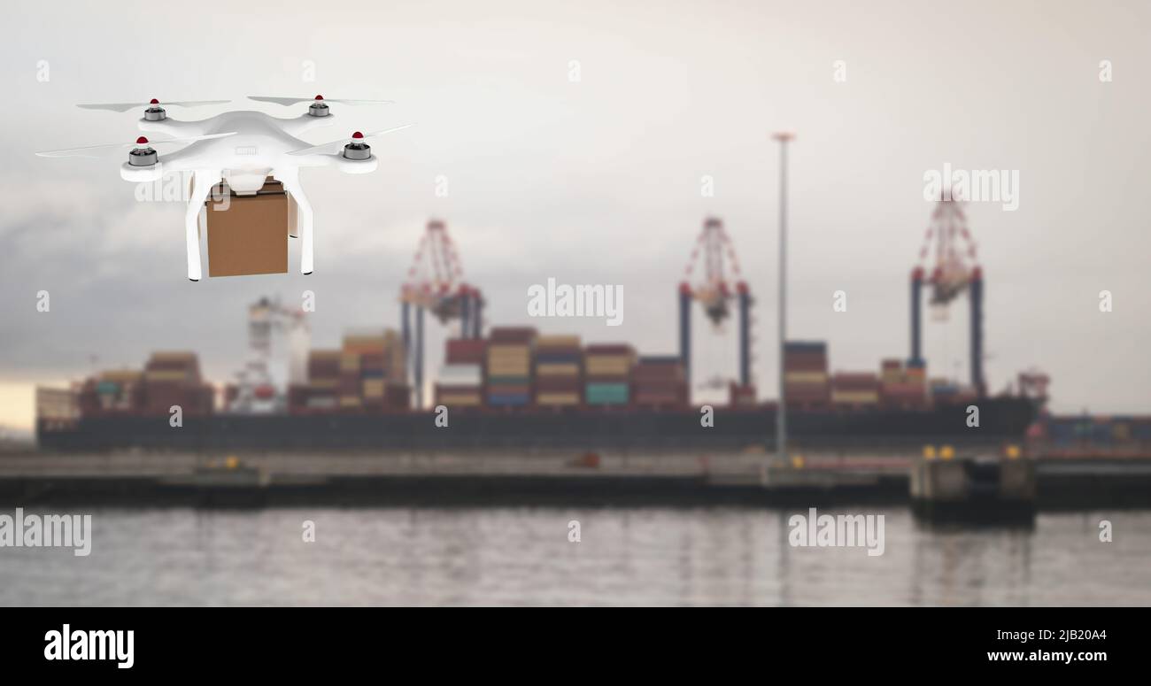 Drone carrying a box in a port Stock Photo - Alamy