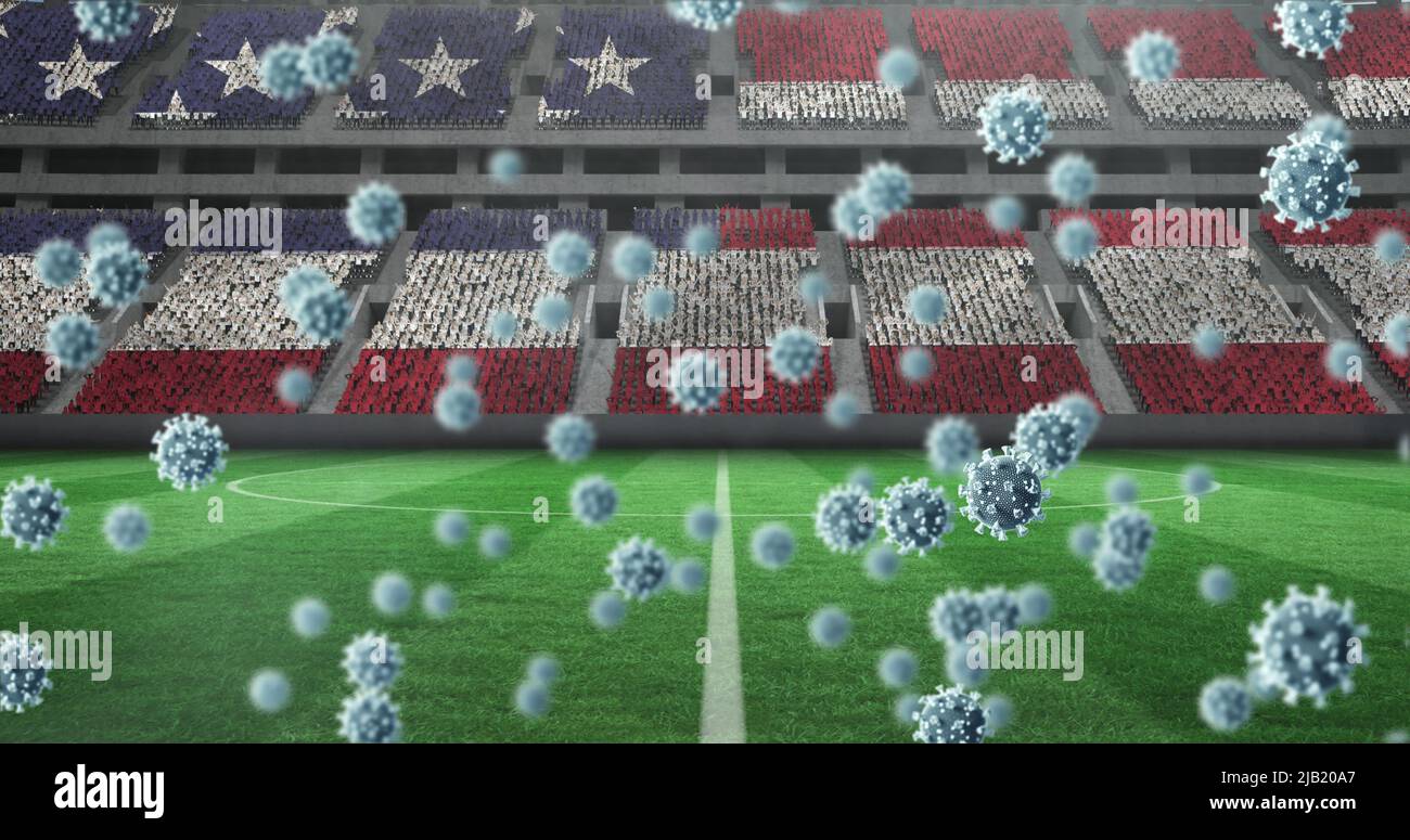 Image of covid 19 cells over american flag in empty sports stadium ...