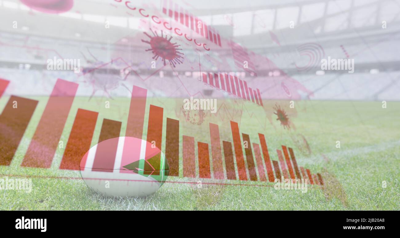 Coronavirus digital interface against rugby ball in sports stadium ...
