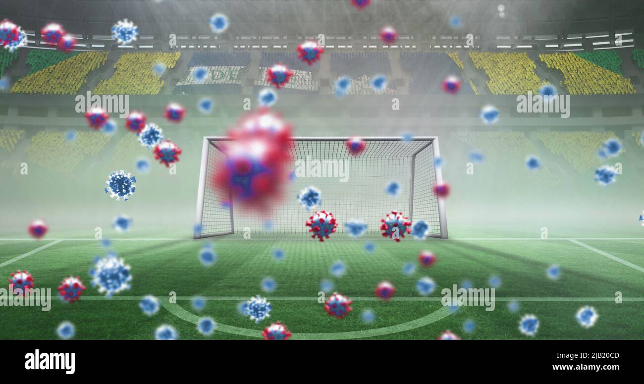 Image of covid 19 cells over brazilian flag in empty sports stadium ...