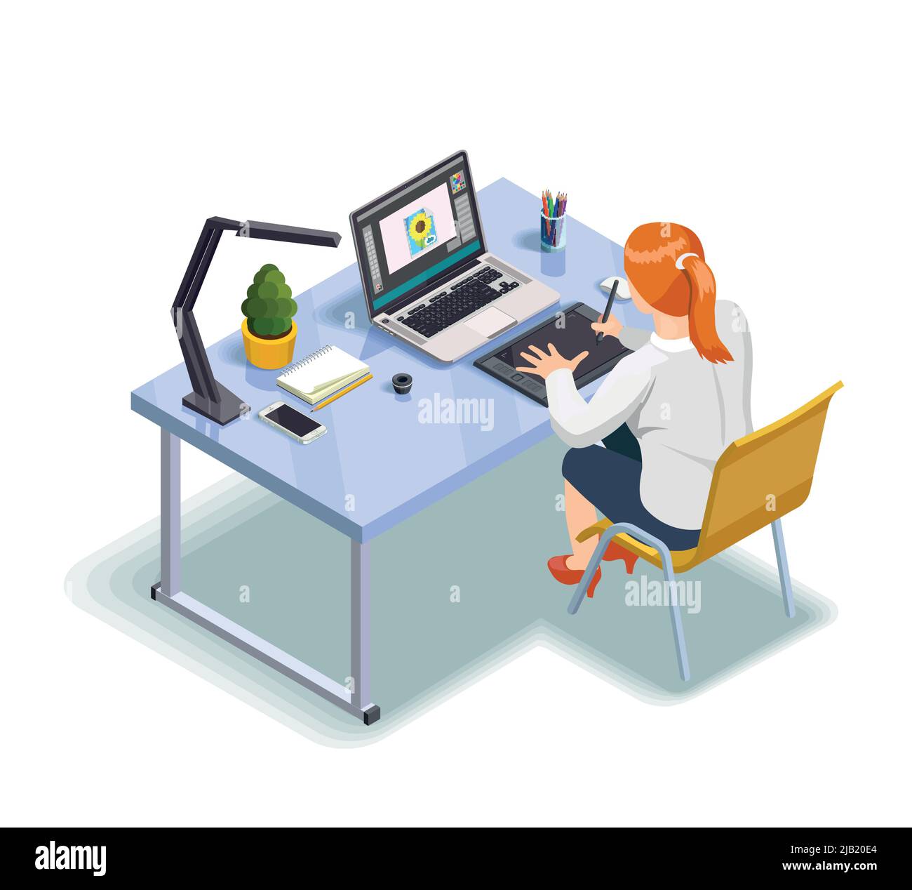 Female graphic designer working at her project 3d isometric vector ...