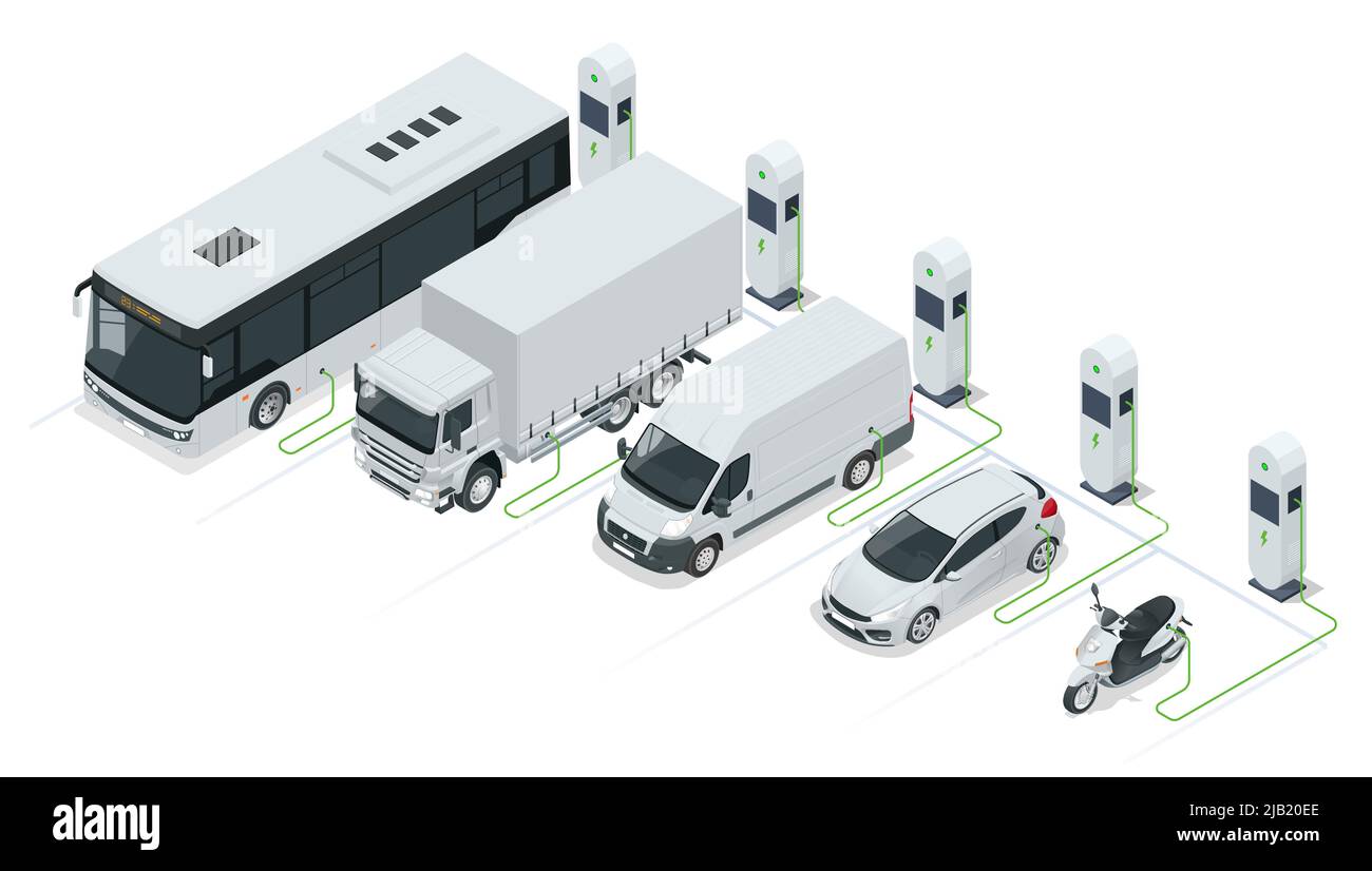 Isometric Car charger. Electromobile charging station. Car, bus, truck ...