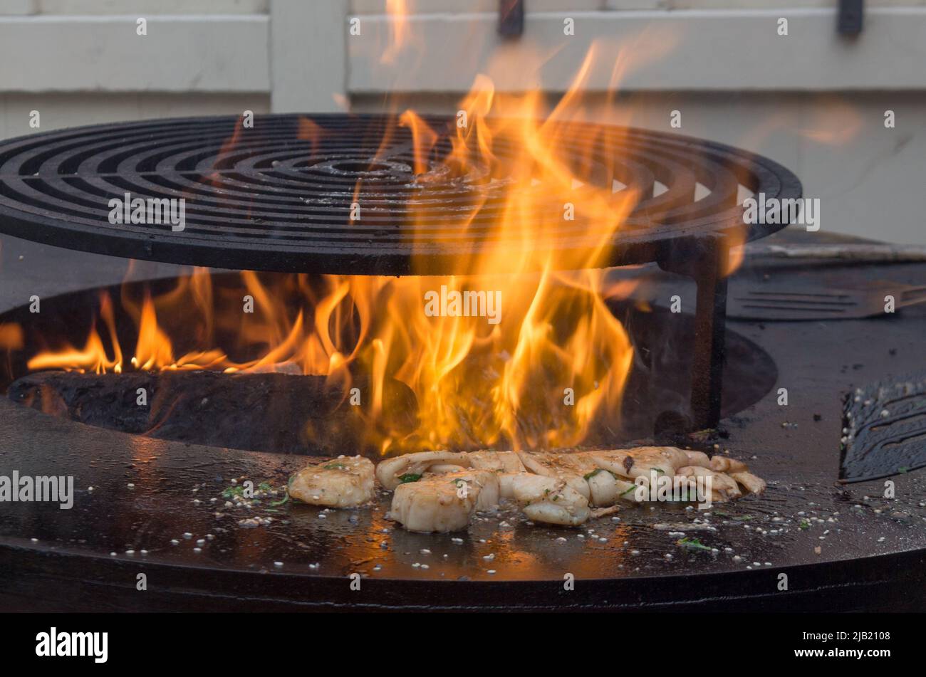 The process of cooking seafood: fish on a brazier. Open fire. Close-up ...