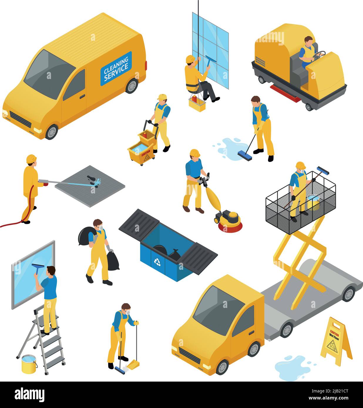 Colored isometric industrial cleaning icon set with people in yellow ...
