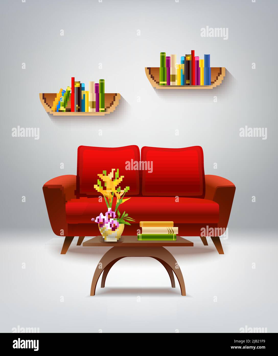 Living room interior with sofa table and vase cartoon vector ...