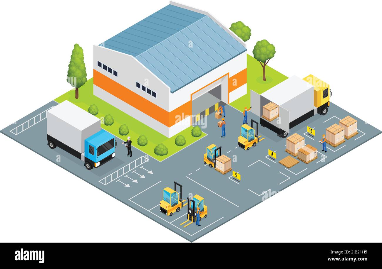 Warehouse outside view with parking places for trucks and loaders ...