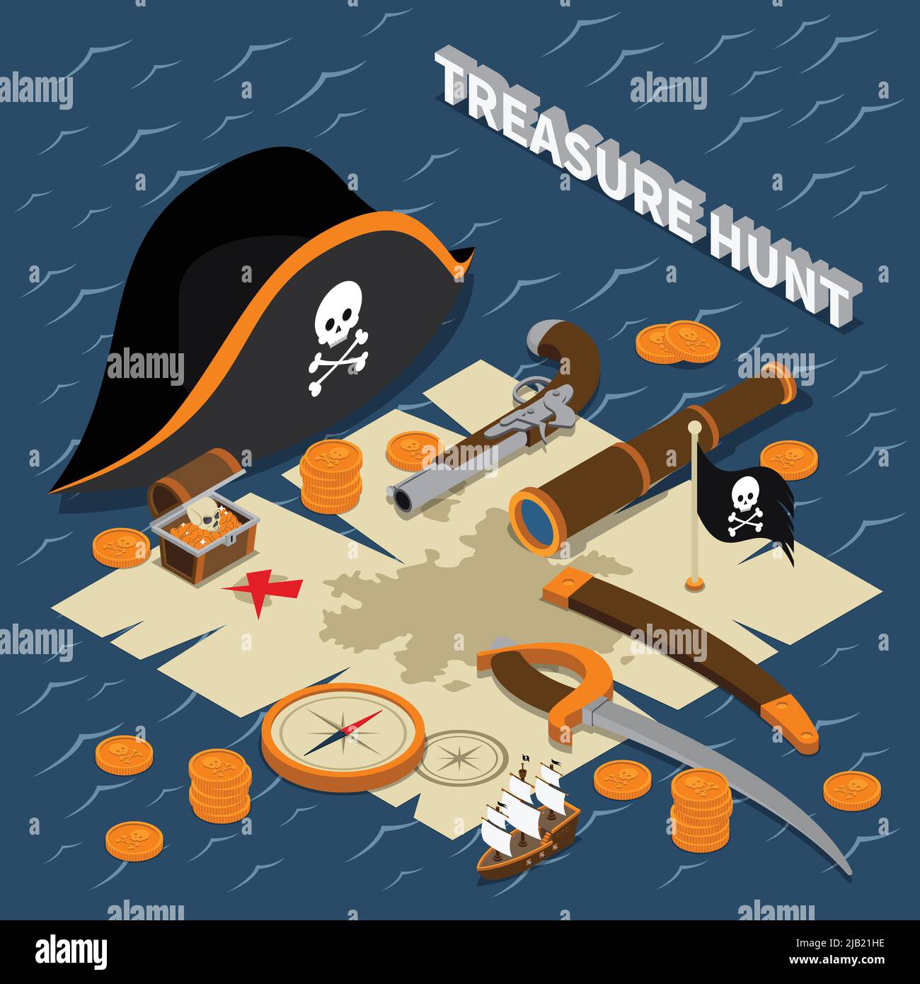 Treasure hunt isometric composition with map hat golden coins compass ...