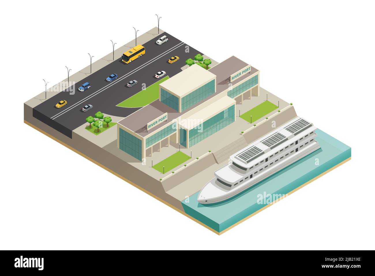 Modern river port building with luxurious holiday cruiser moored and ...