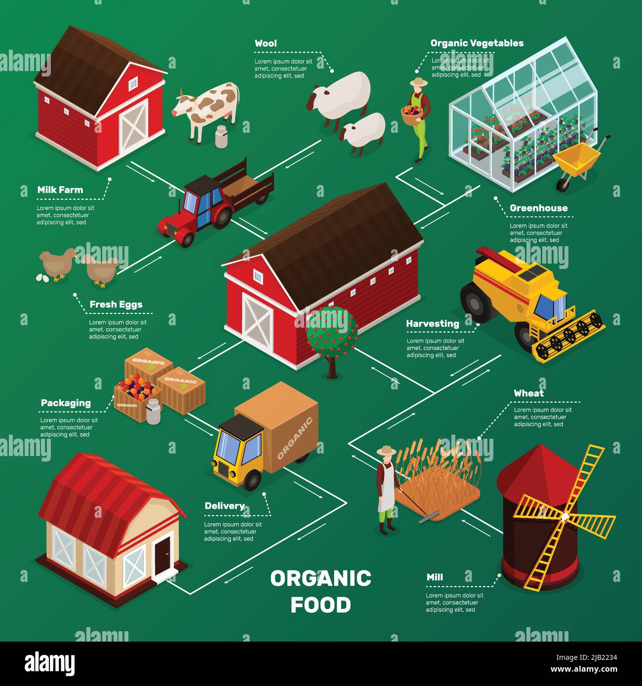 Organic farming products isometric icons flowchart with farm animals ...