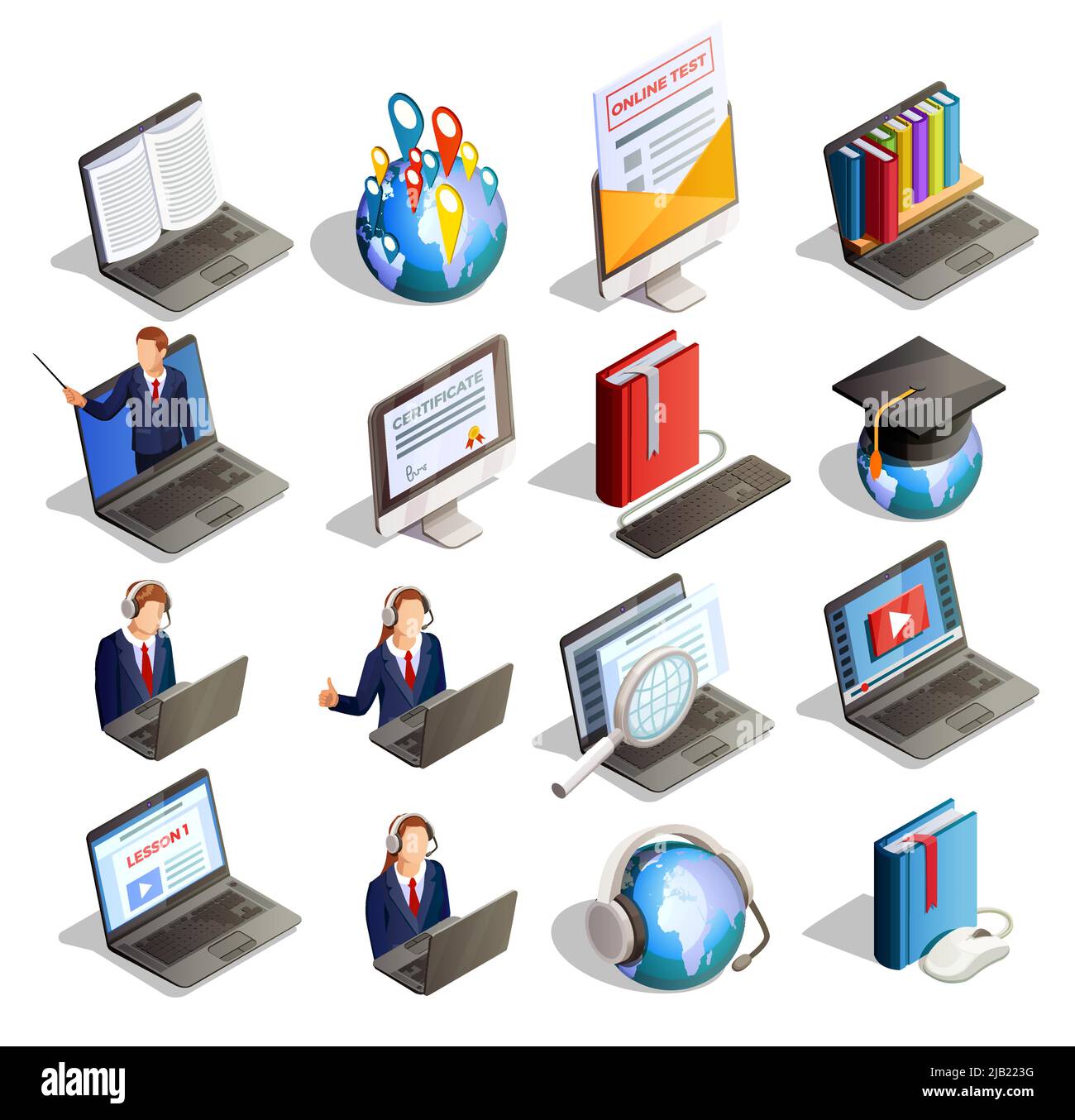Online education isometric icons collection of sixteen isolated laptop ...