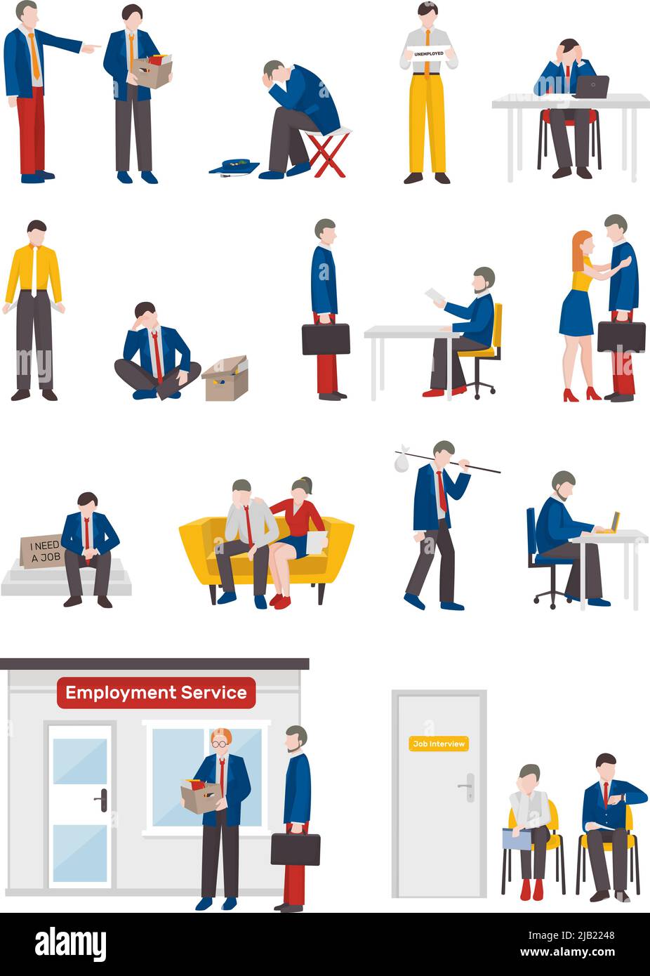 Unemployed people flat collection with isolated human characters of ...