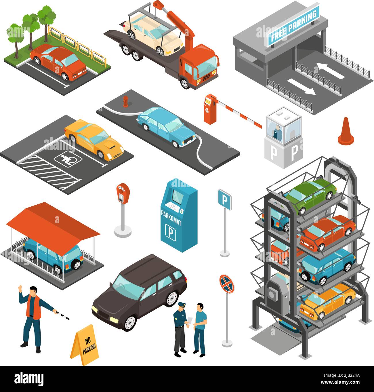 Colored isometric car parking icon set with different types of parking ...