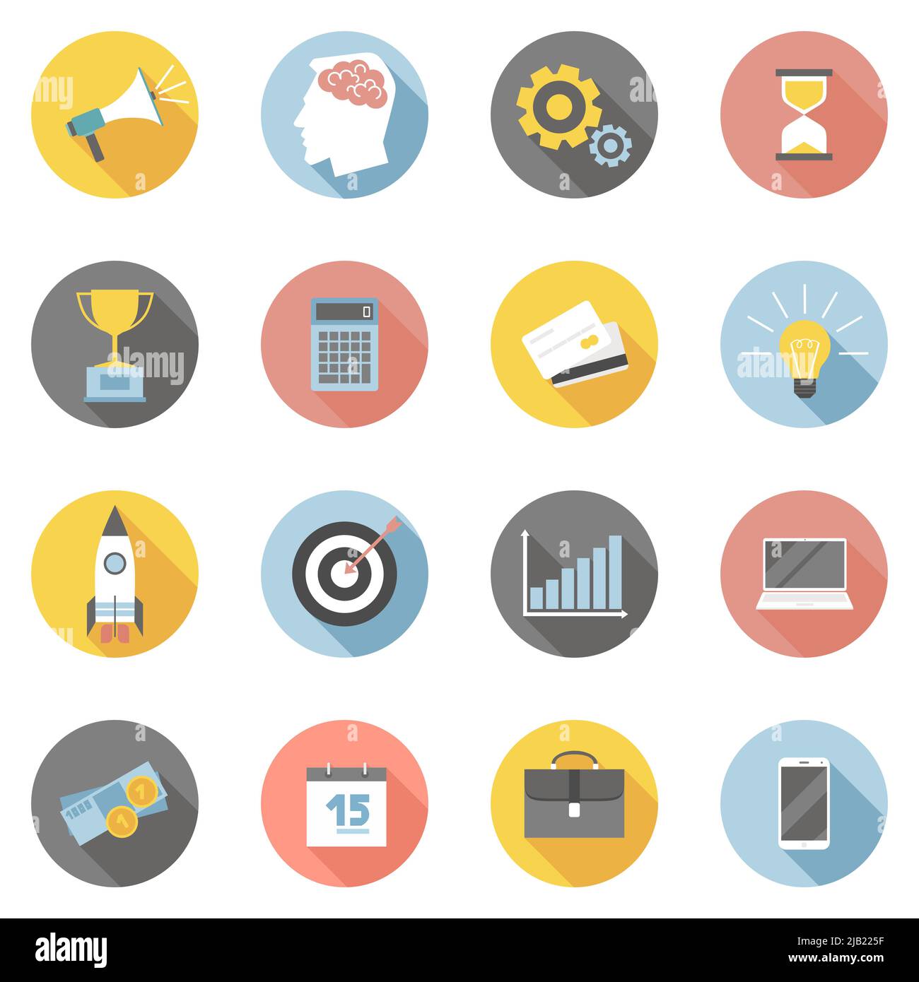 Colorful business icons flat set with leader rocket business symbols ...