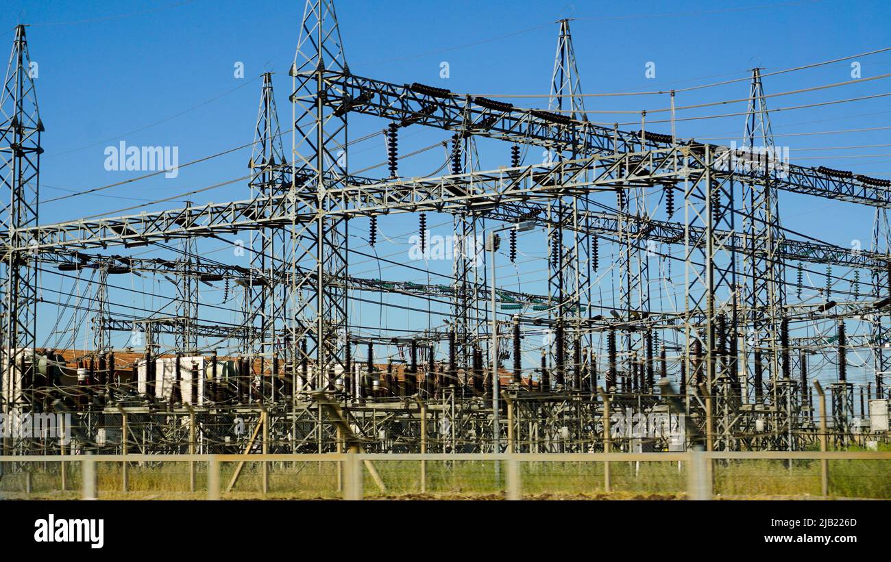 Electricity distribution facility with power lines close up view Stock ...