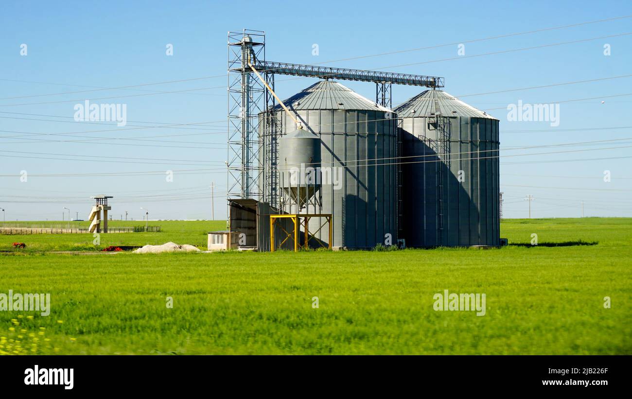 Grain silo on green field Stock Photo - Alamy