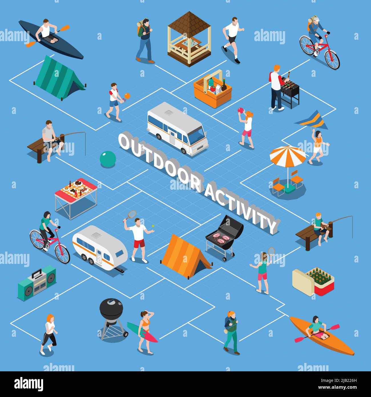 Colored isometric summer outdoor activity people flowchart with means ...