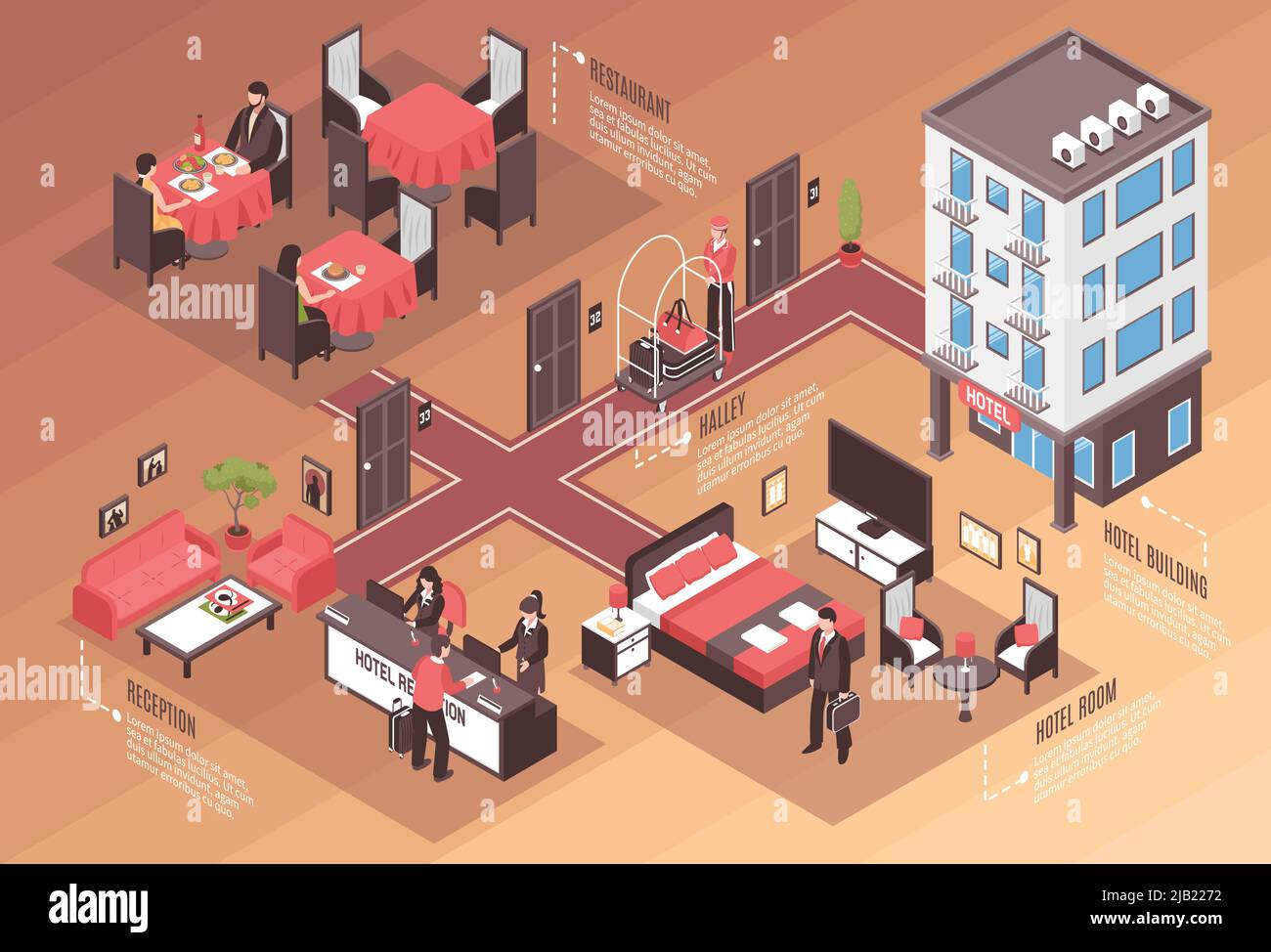 Colored isometric hotel horizontal background with hotel building ...