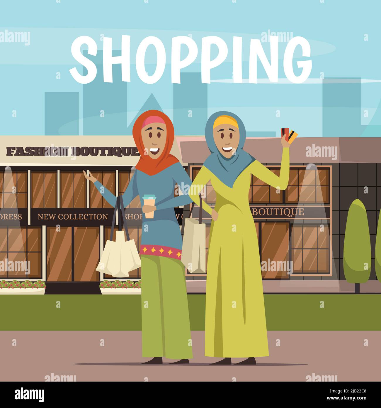 Arabic woman and shopping background with supermarket symbols flat vector illustration Stock ...