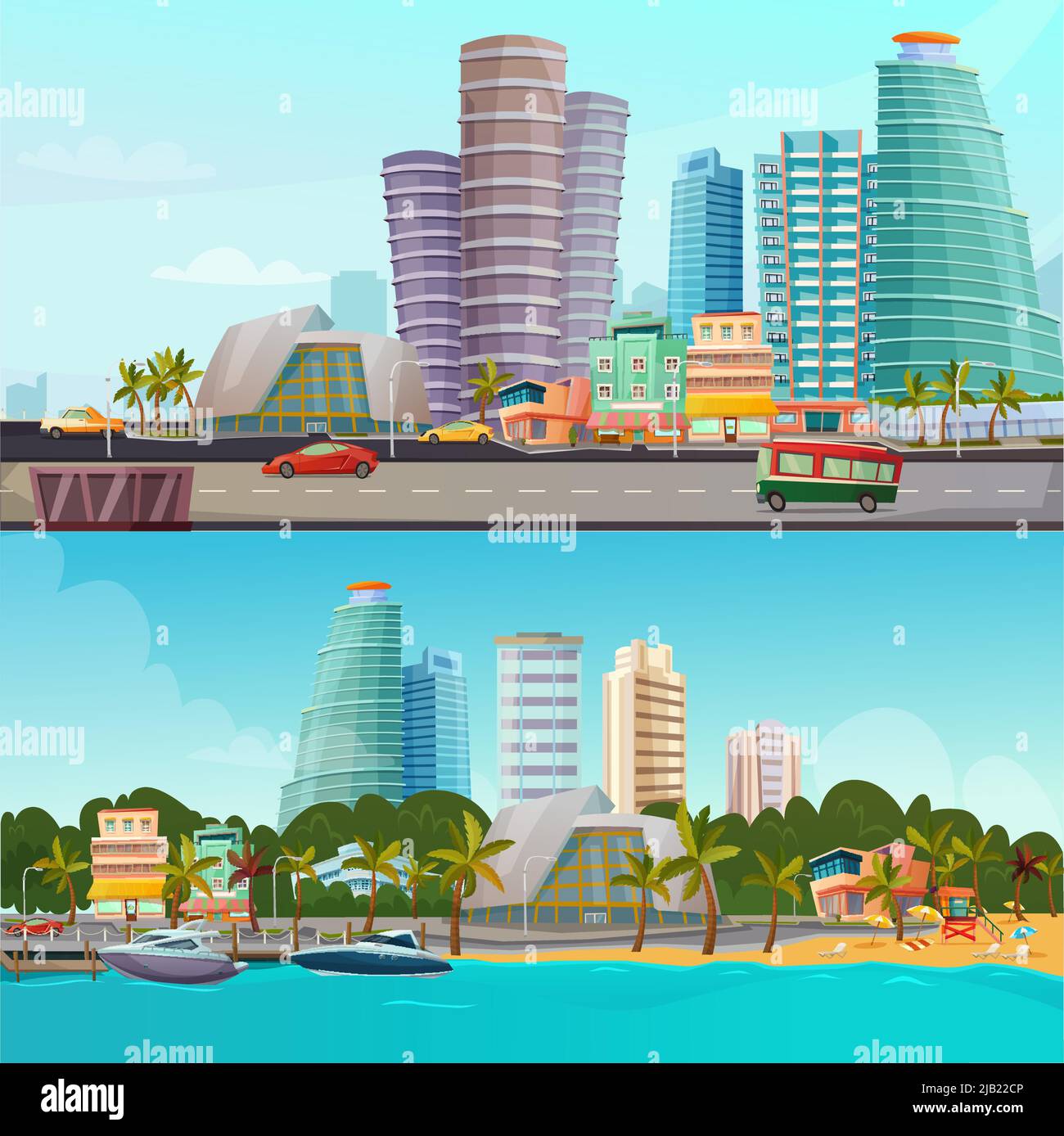 Miami waterfront houses skyline 2 retro cartoon banners set with famous ...