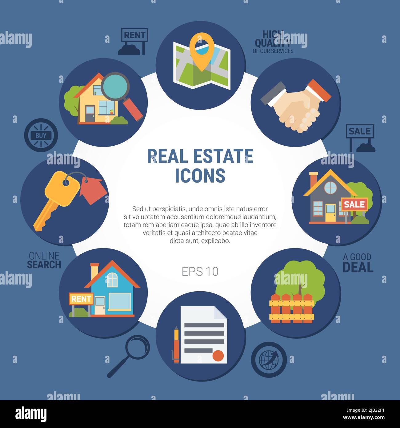 Real estate concept with contract and house symbols on blue background ...