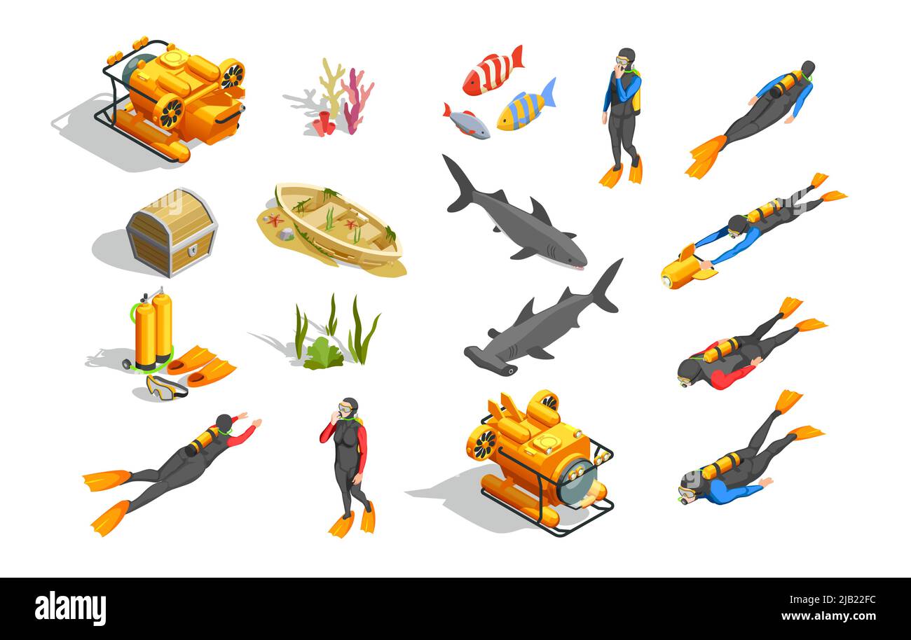 Scuba diving snorkelling isometric icons with isolated human characters ...