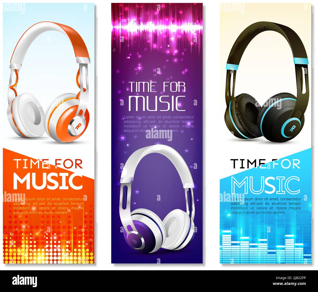 Set of vertical banners with realistic earphones with headband, sound ...