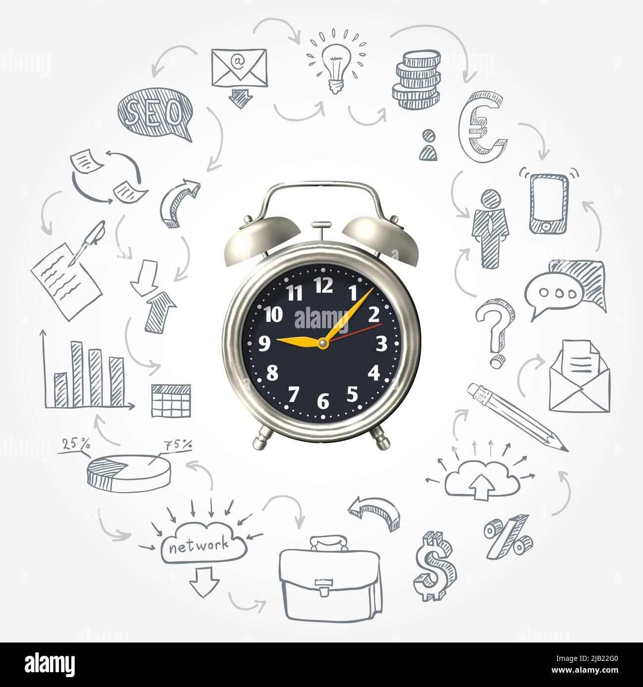 Business morning round design with hand drawn icons of work system ...