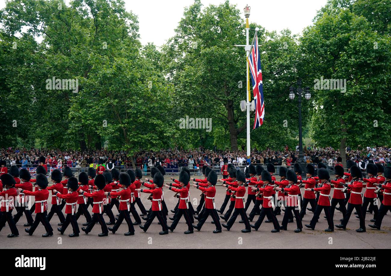 Guards march along The Mall ahead of the Trooping the Colour ceremony ...