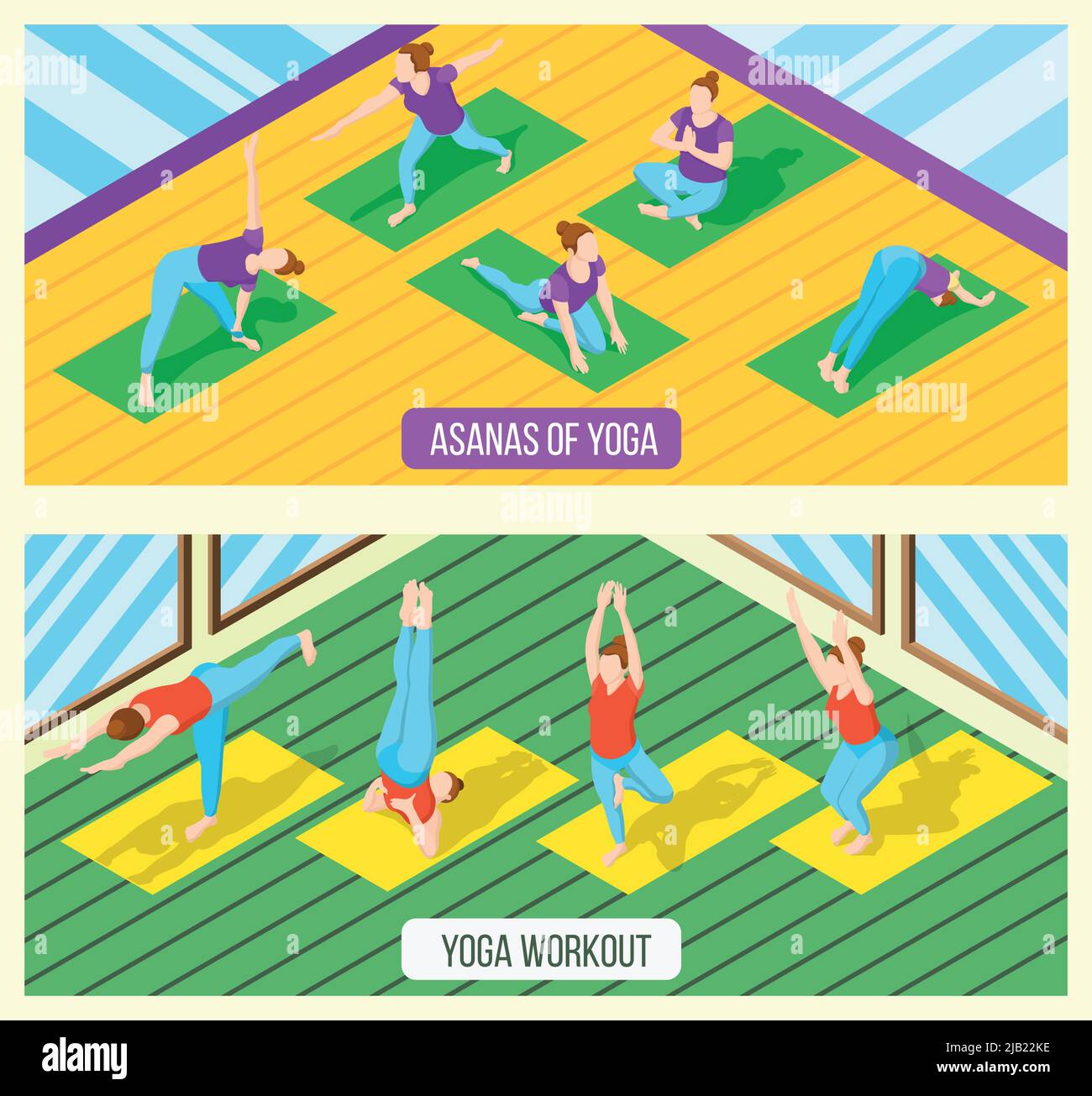 Isometric horizontal banners set with women practising various yoga ...