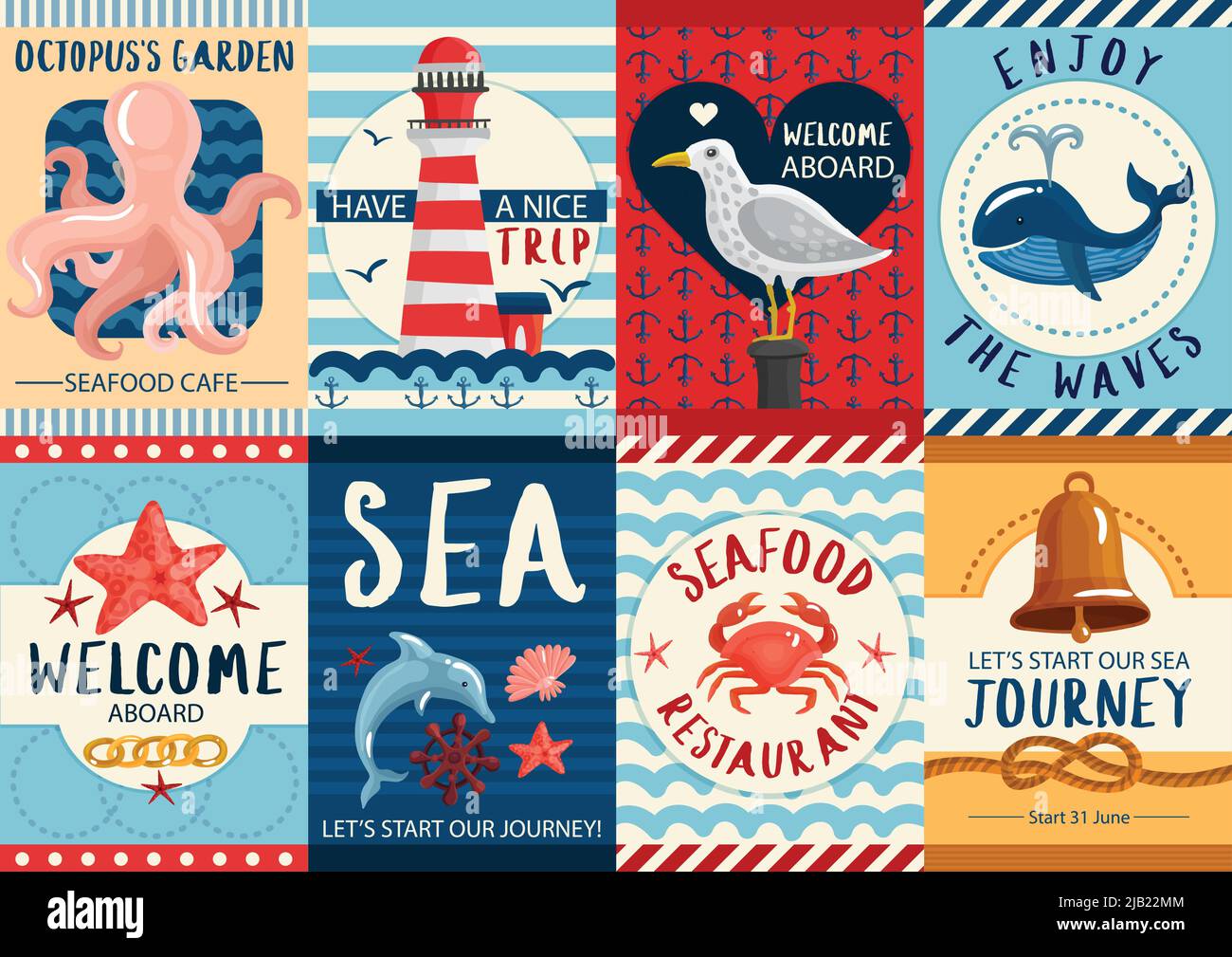 Set of nautical colorful banners and posters with sea wildlife for ...
