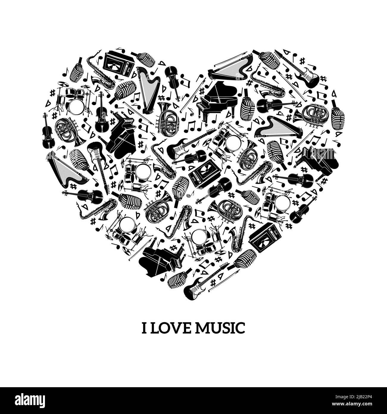 Love music concept with black icons musical instruments in heart shape ...