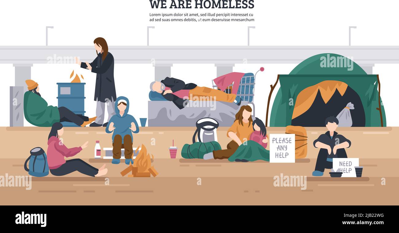 Colored and flat homeless people horizontal background with we are ...