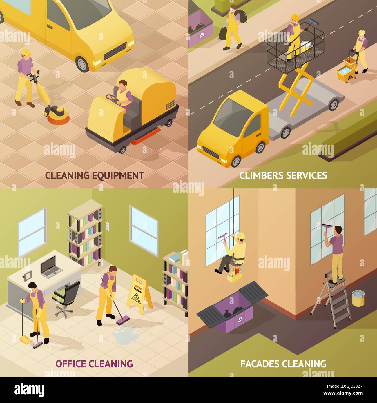 Four square isometric industrial cleaning concept with cleaning ...
