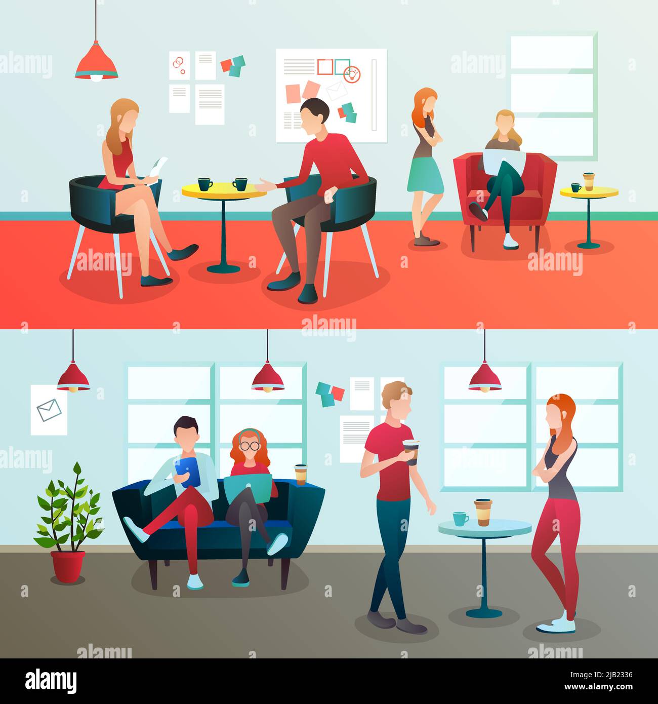 Creative team coworking people gradient flat compositions with doodle ...