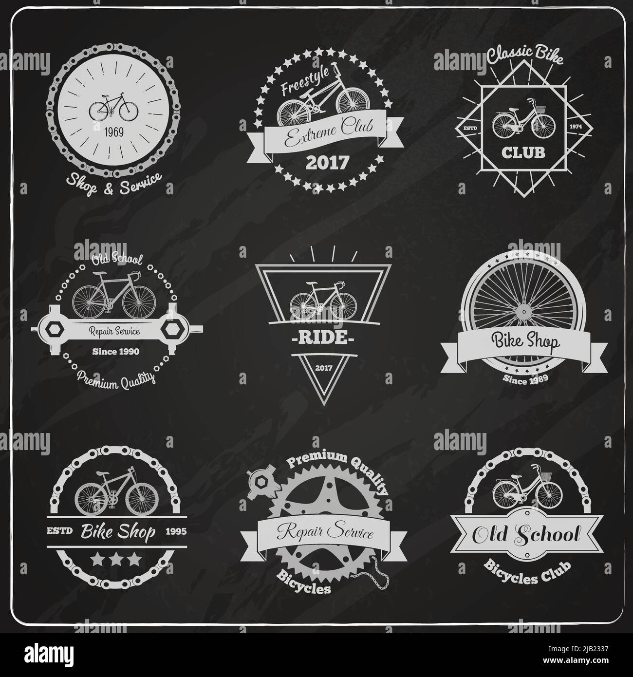 Collection of bicycle vintage emblems on chalkboard with flat wheels ...