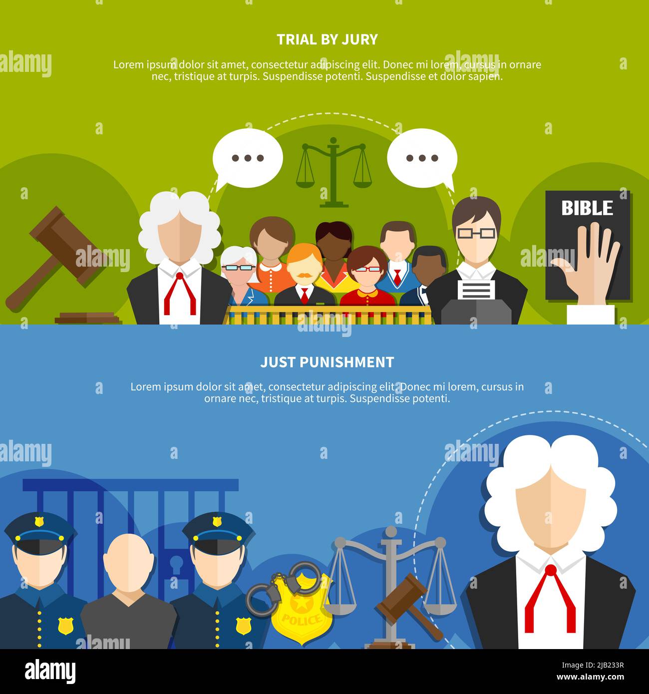 Two horizontal flat law banner set with trial by jury and just ...