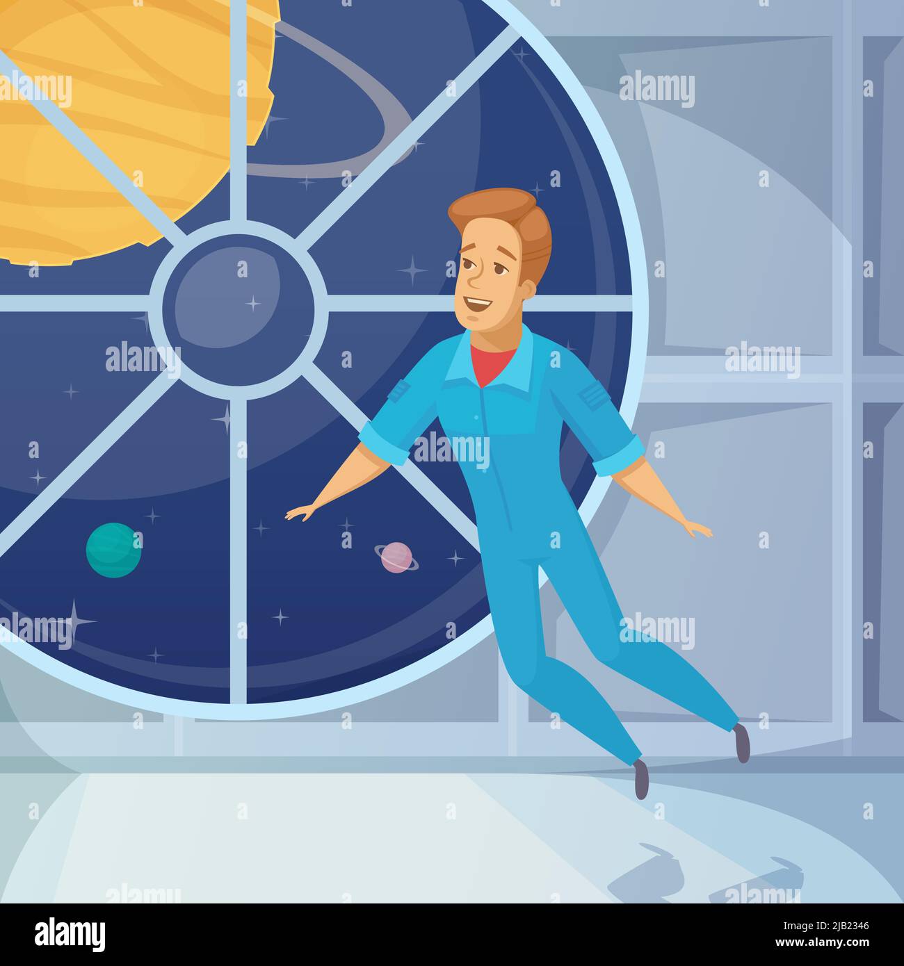 Weightless astronaut on orbiting space station with planets in window ...