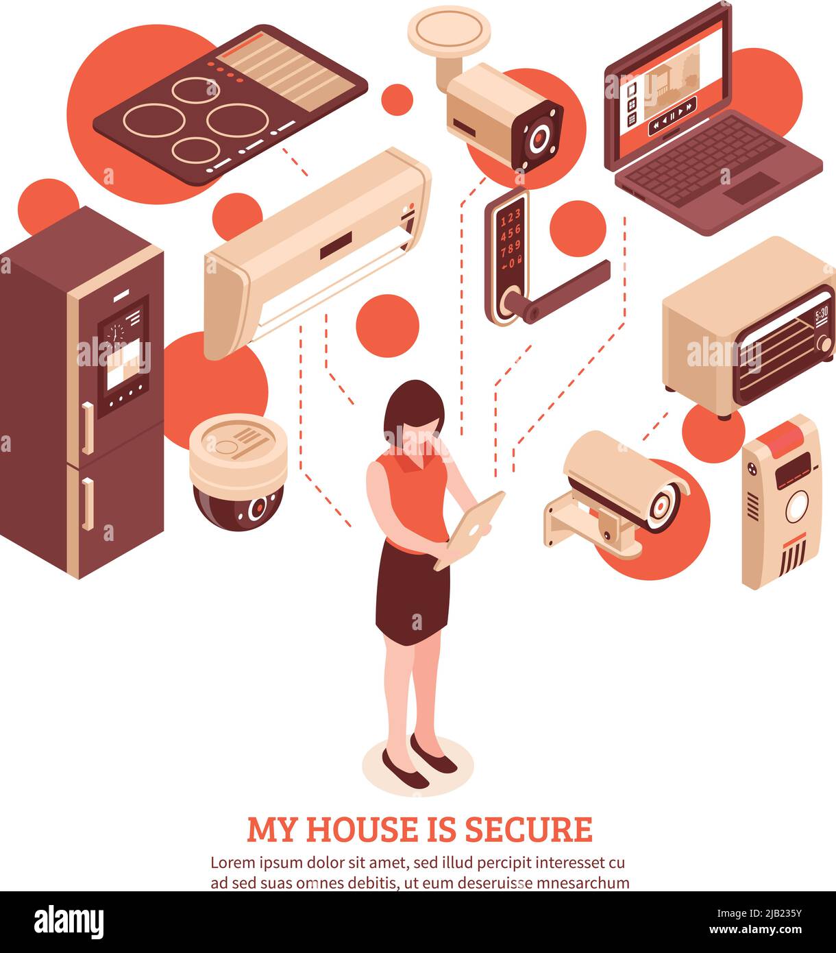 Colored isometric smart home concept with woman and my house is secure description vector ...