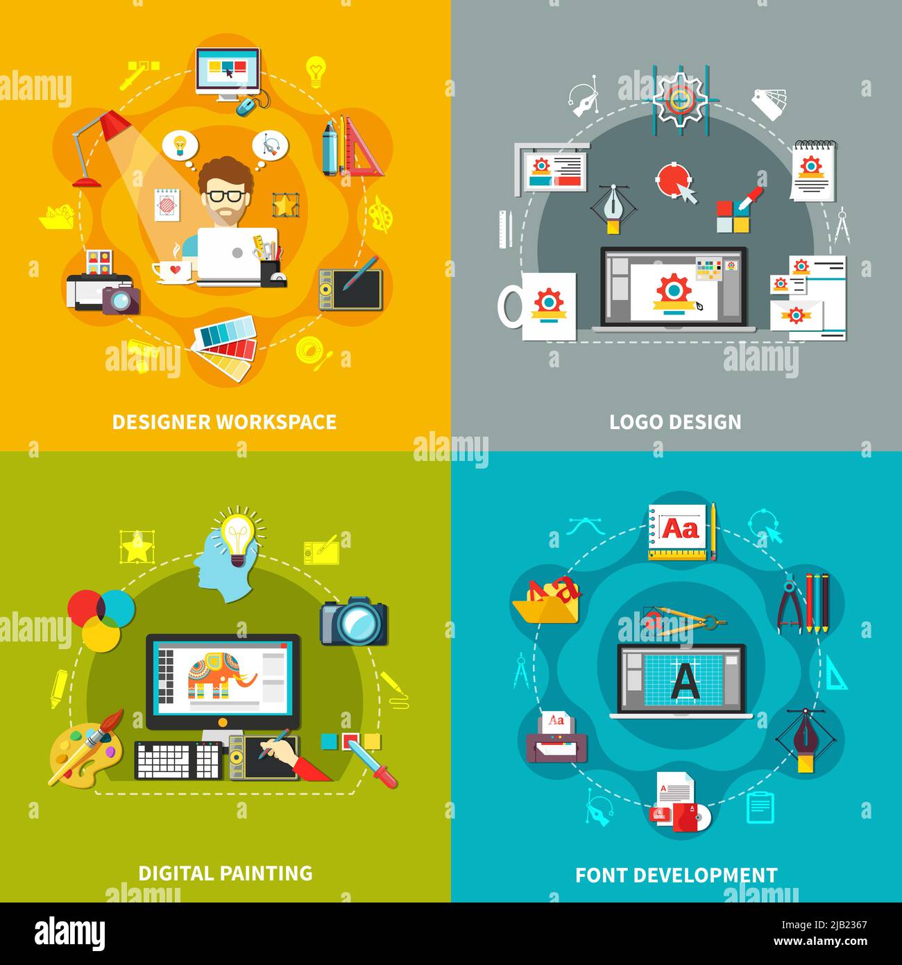 Four square designer tools concept set with designer workplace logo ...