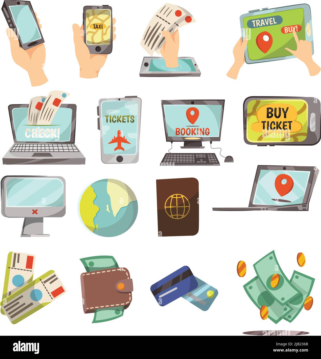 Online booking service icons set with laptop and smartphone flat ...