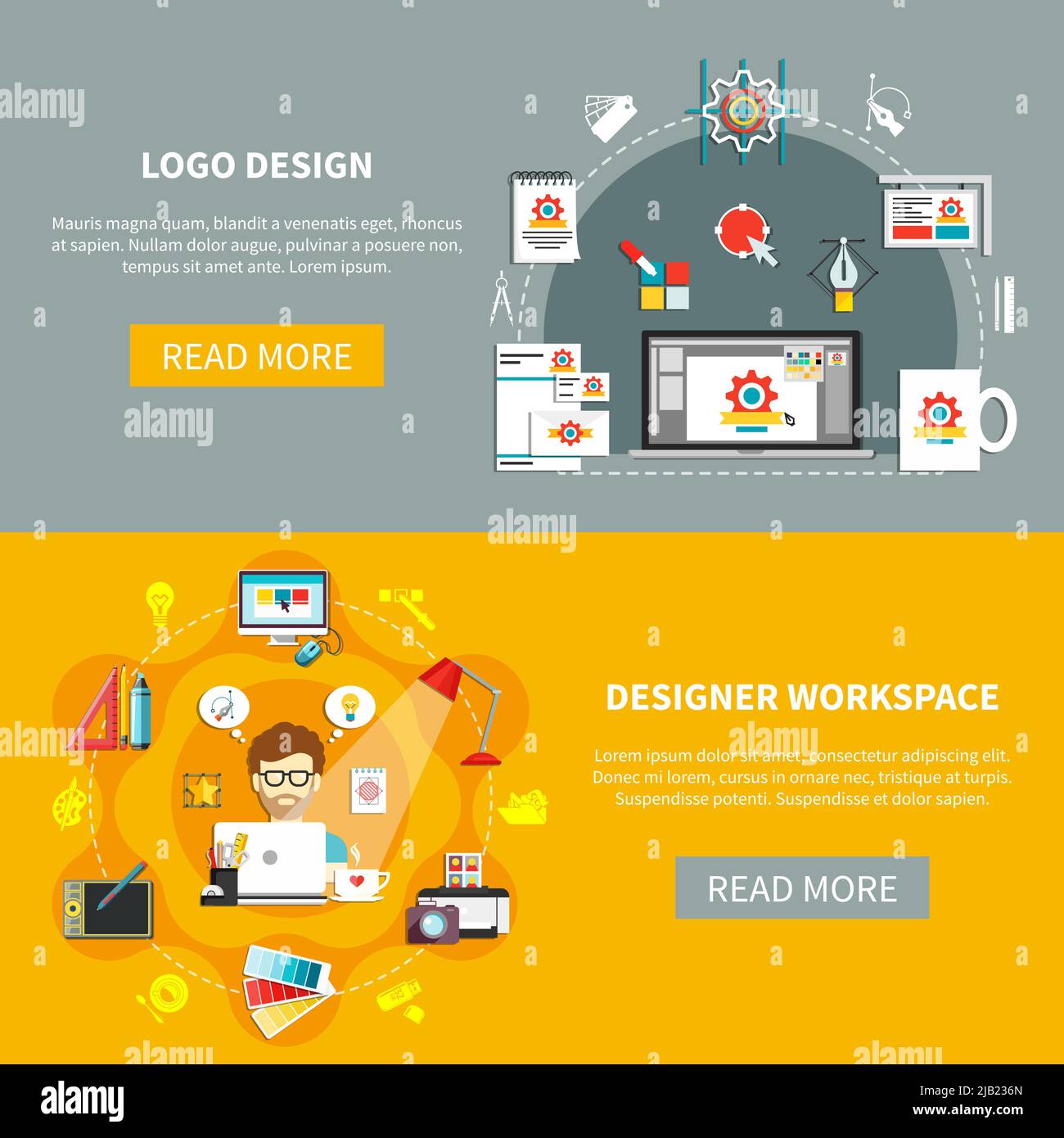 Designer tools banner set with logo design and designer workspace ...